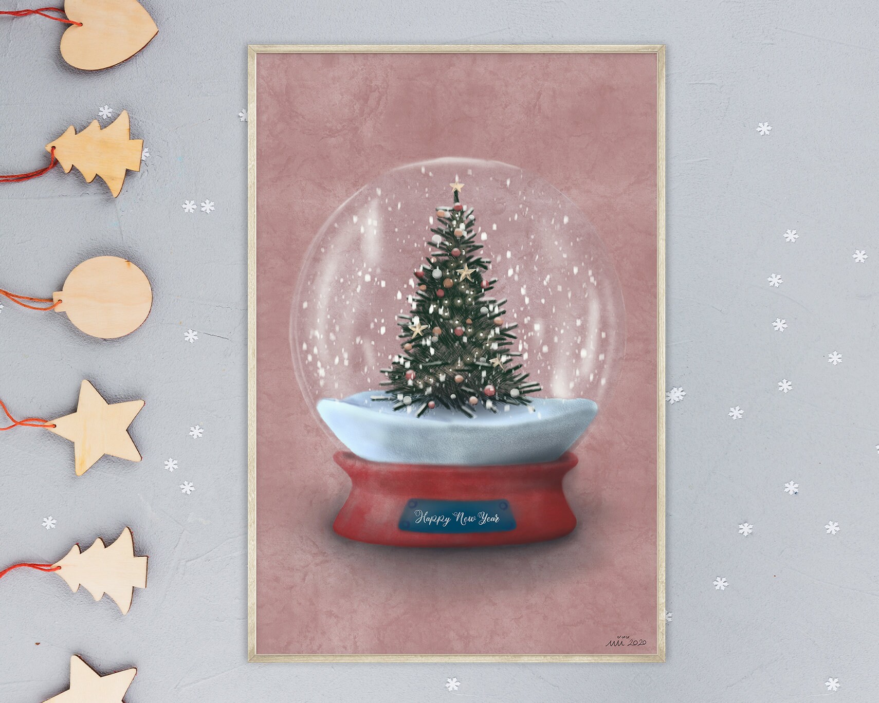 Snow Globe Christmas Decor // Christmas Tree Art Print Happy | Etsy