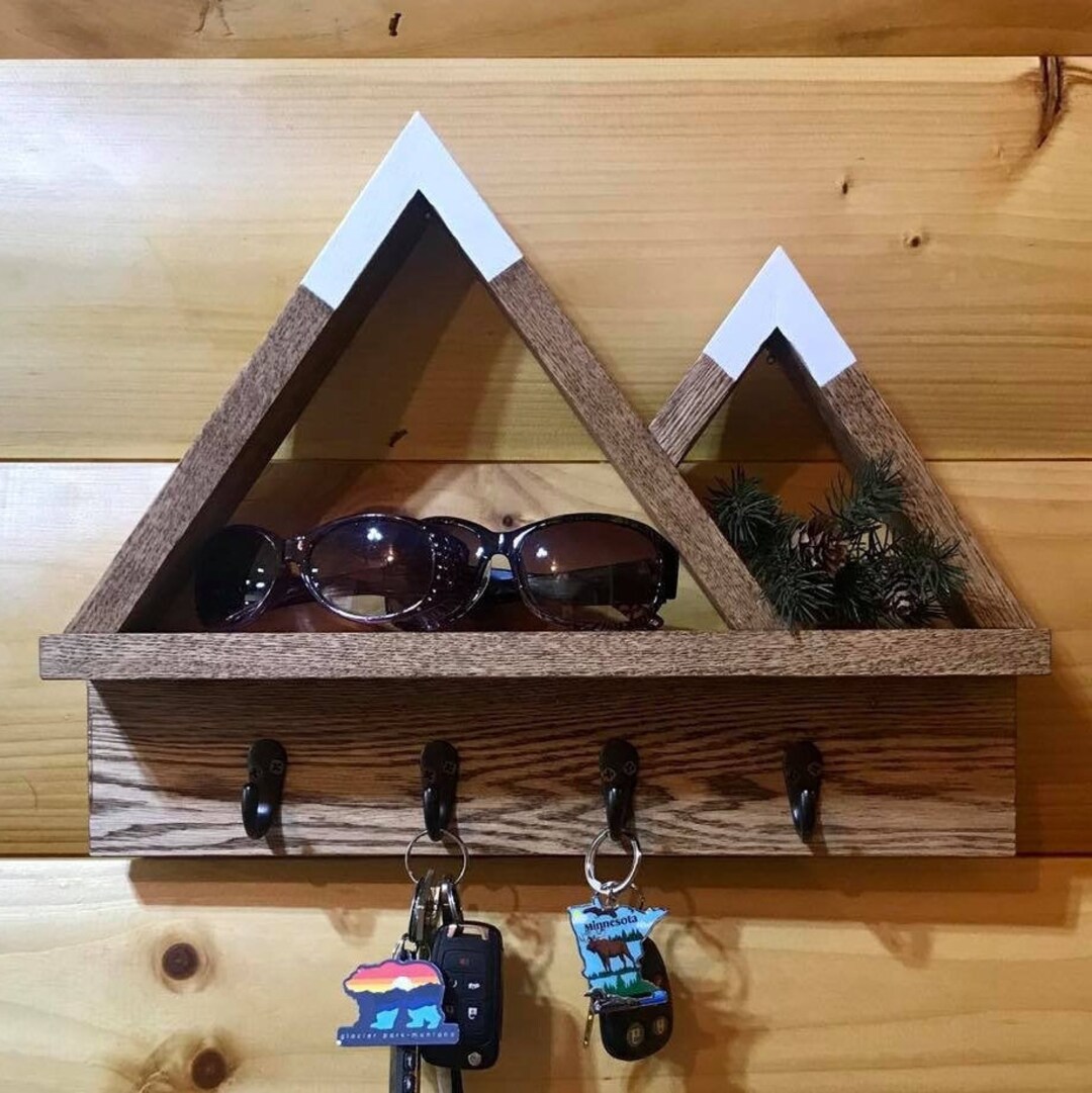 Mountain Key Holder With Shelf, Entryway Organizer With Hooks, Handmade ...