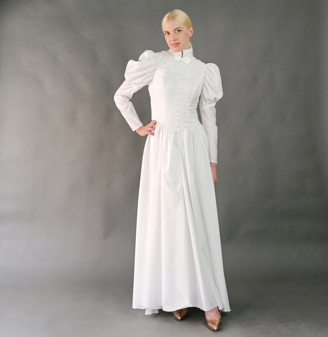 Vintage 80s White Satin Wedding Dress, Full Length, Collared Neck, Bow ...