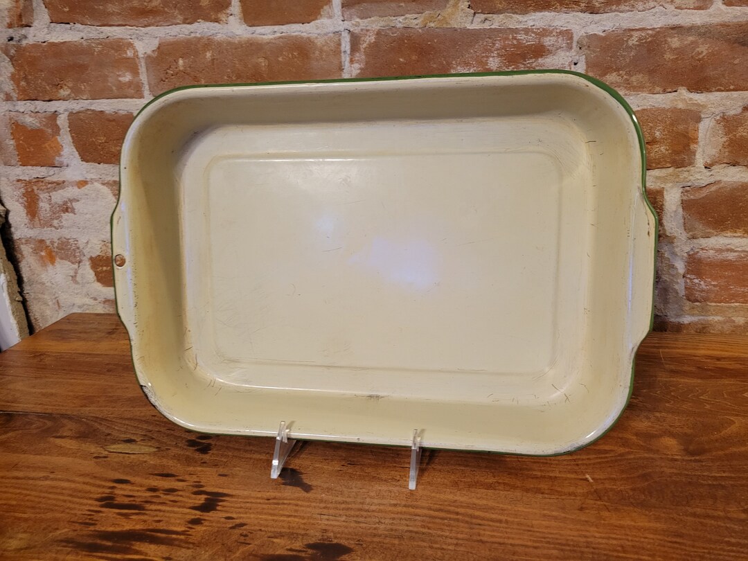 Vintage Mid-century Cream and Green Enamelware Cake Baking Pan or ...