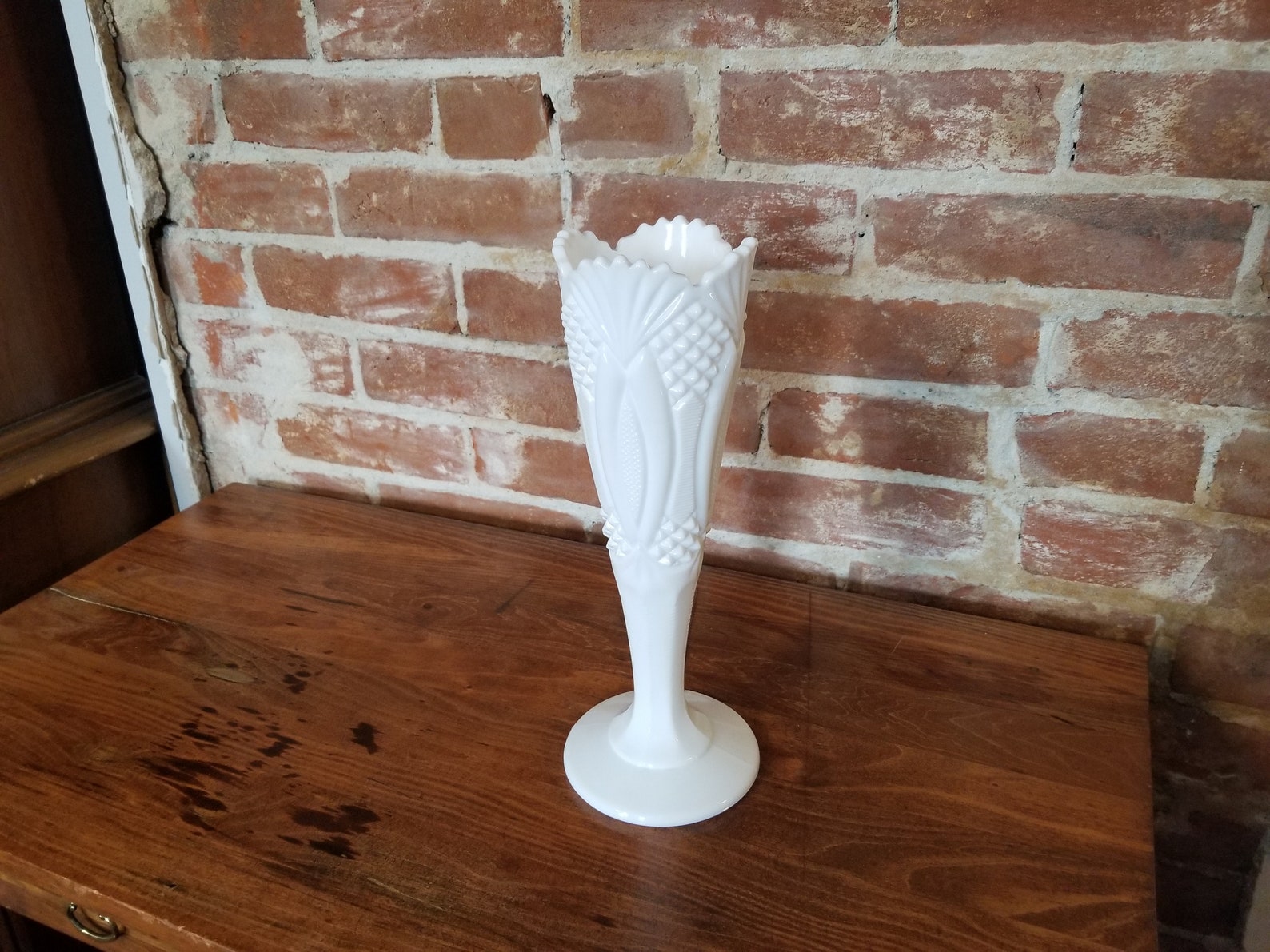 Vintage Kemple Milk Glass Pressed and Cut Tall Pedestal Vase - Etsy