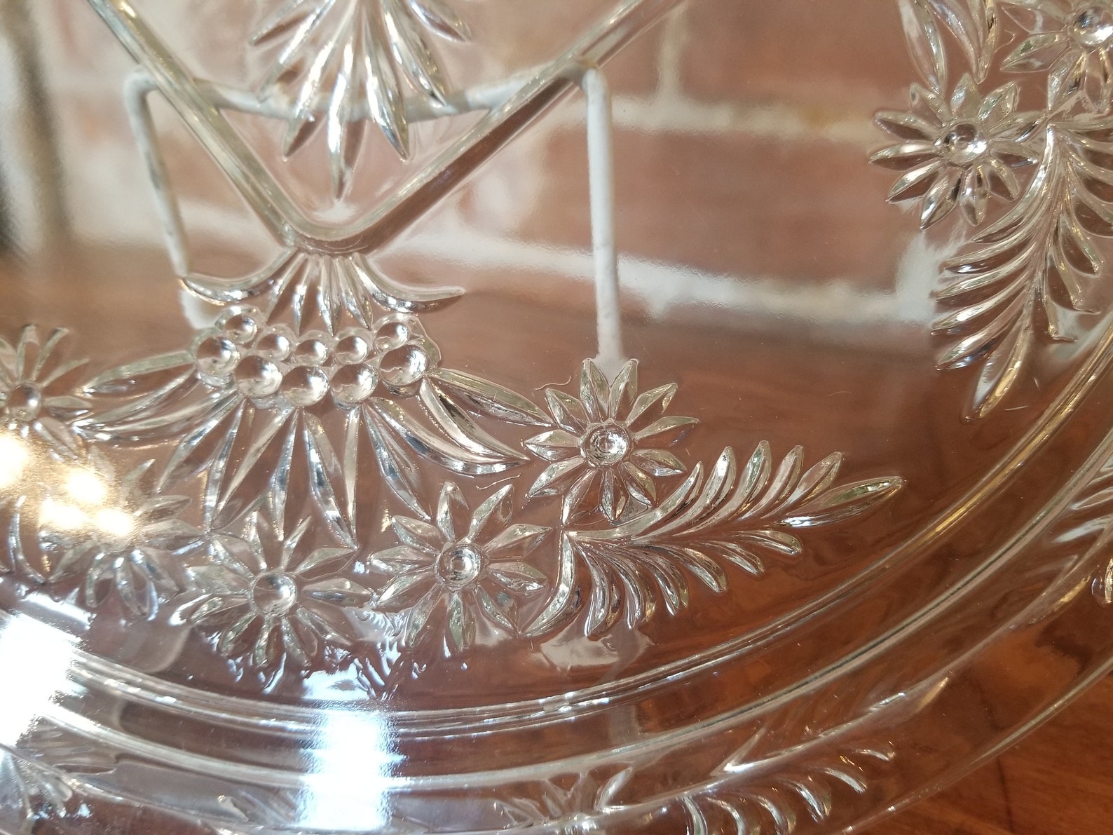 Vintage Pressed Glass Cake Platter With Flower Bouquet and Geometric ...