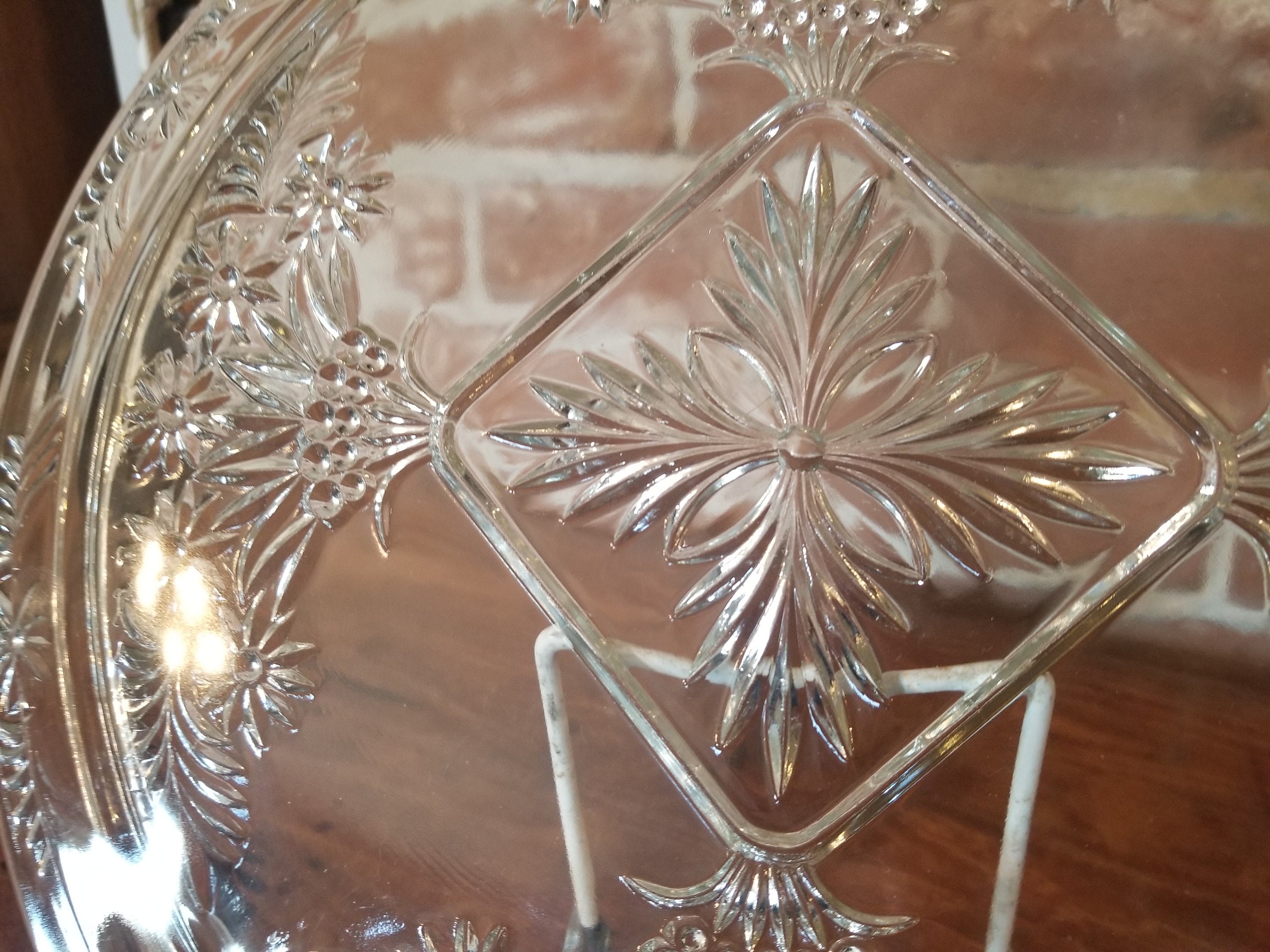 Vintage Pressed Glass Cake Platter With Flower Bouquet and Geometric ...
