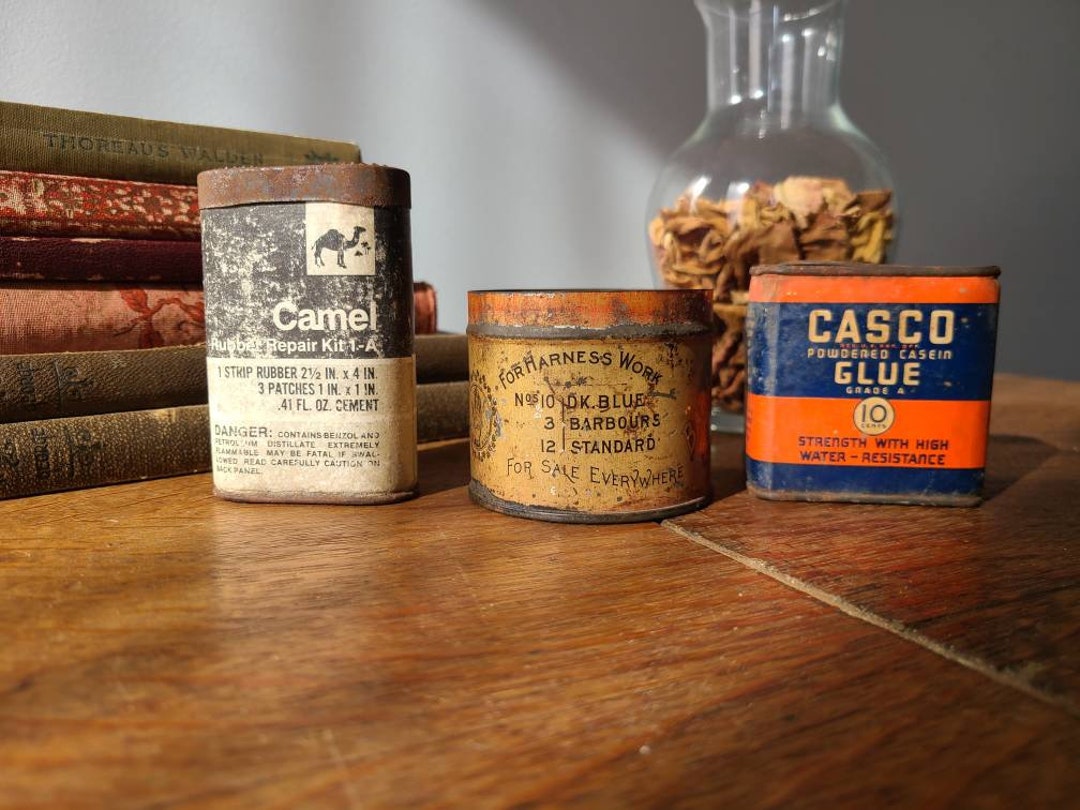 Assorted Collectible Vintage Tins - Camel Rubber Repair Kit, Barbour's ...