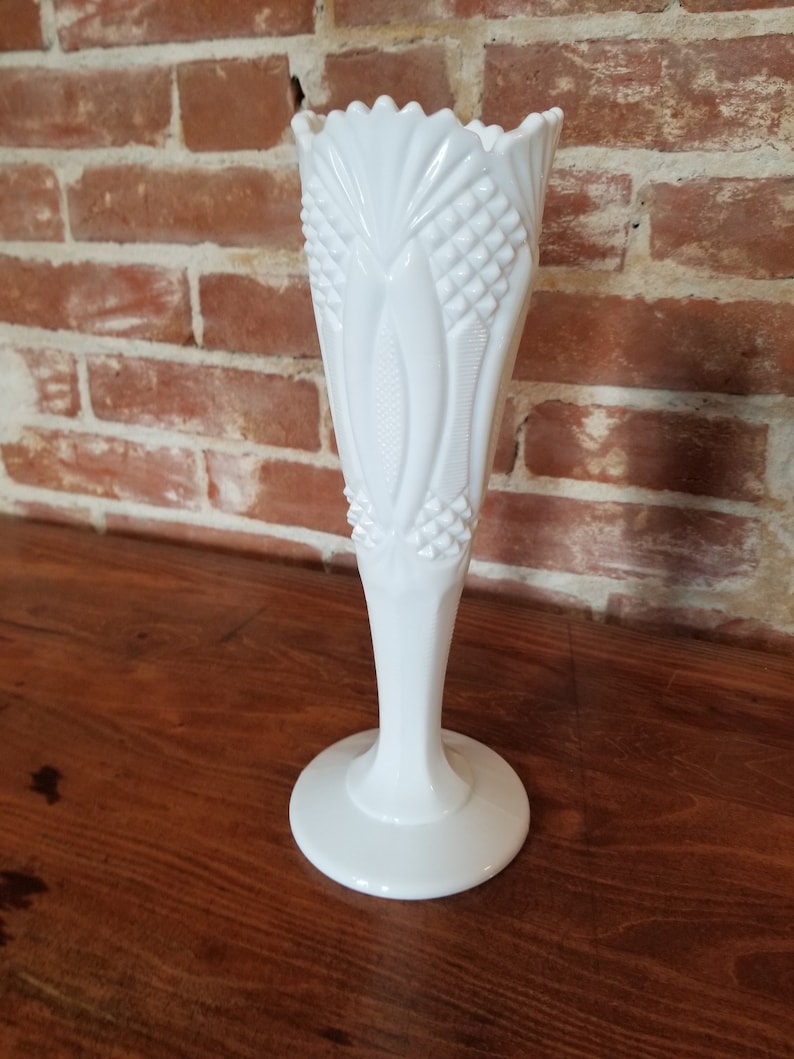 Vintage Kemple Milk Glass Pressed and Cut Tall Pedestal Vase - Etsy