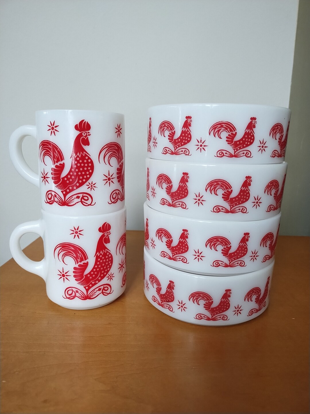Hazel Atlas Red Rooster 4 Bowls 2 Cups Set - Etsy