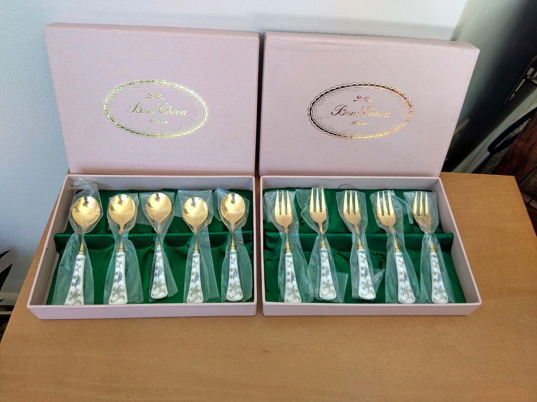 Noritake Bone China Appetizer Dessert Forks and Spoons - Gold Tone With ...