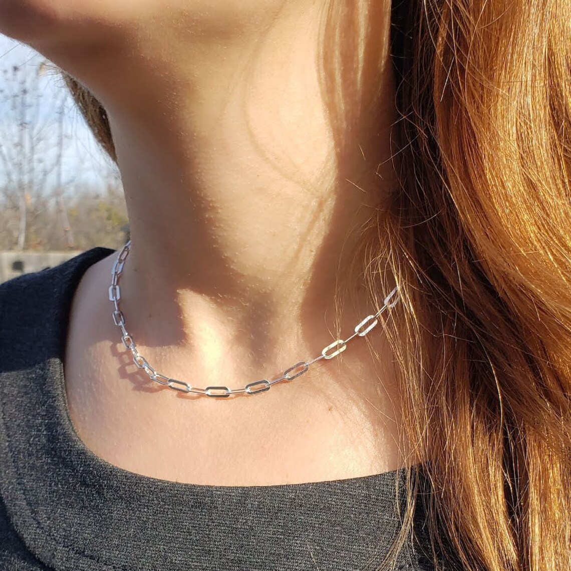 Paperclip Chain Necklace flat .925 Sterling Silver | Etsy