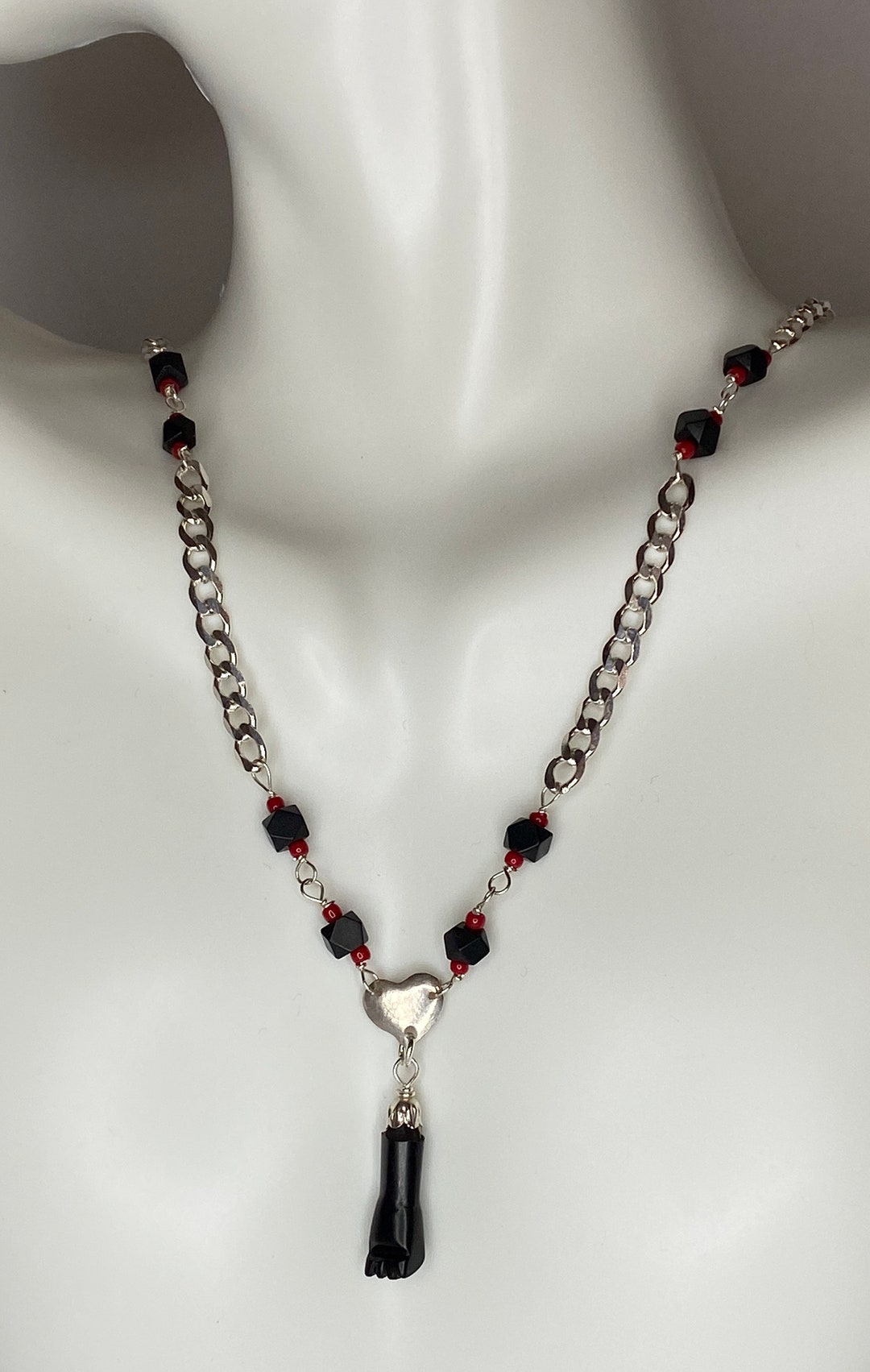 Sterling Silver Genuine Azabache Jet & Red Coral Beads Mano Figa Hand ...