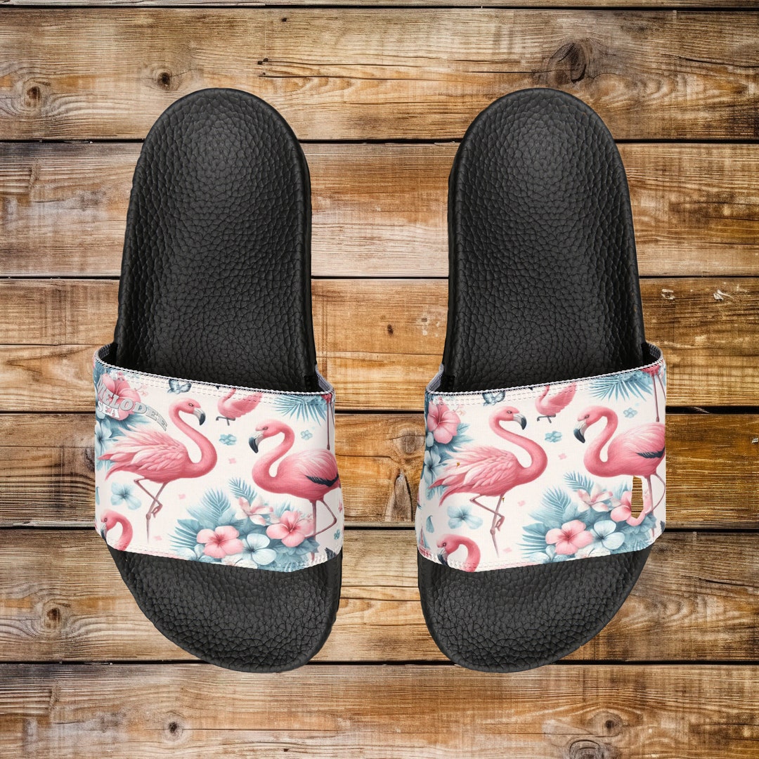 Women's Pink Flamingo With Hibiscus and Plumeria Flowers Slide Sandals ...