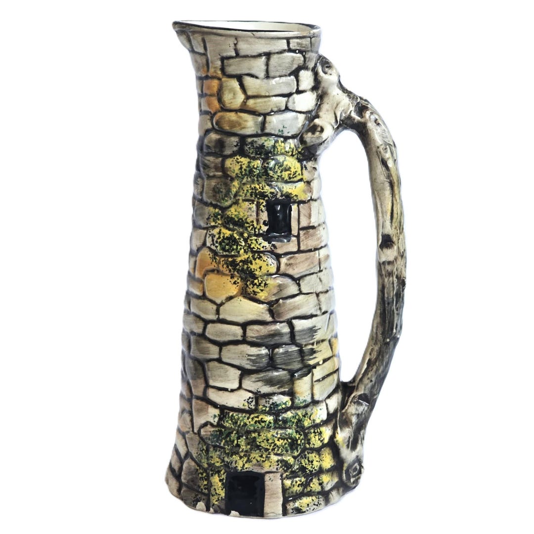 Vintage Ceramic Tower Jug Hand Painted Castle Pitcher Tree Handle ...