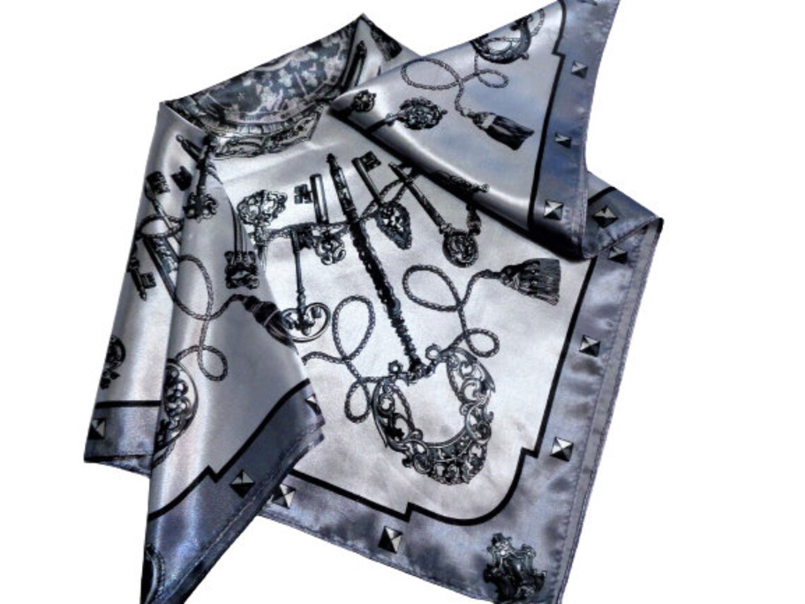 Vintage Metallic Gray Black Satin Scarf Gothic Medieval Themed Key ...