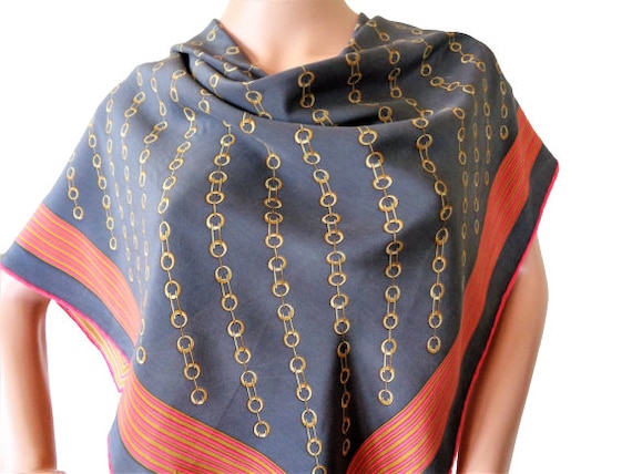 Chain Print Silk Scarf, Harper, Gray Orange Headscarf… - Gem