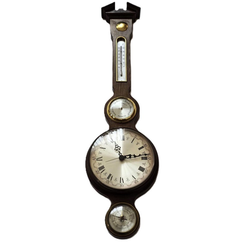 Vintage Barometer Thermometer Hygrometer Clock Large Wooden Weather ...