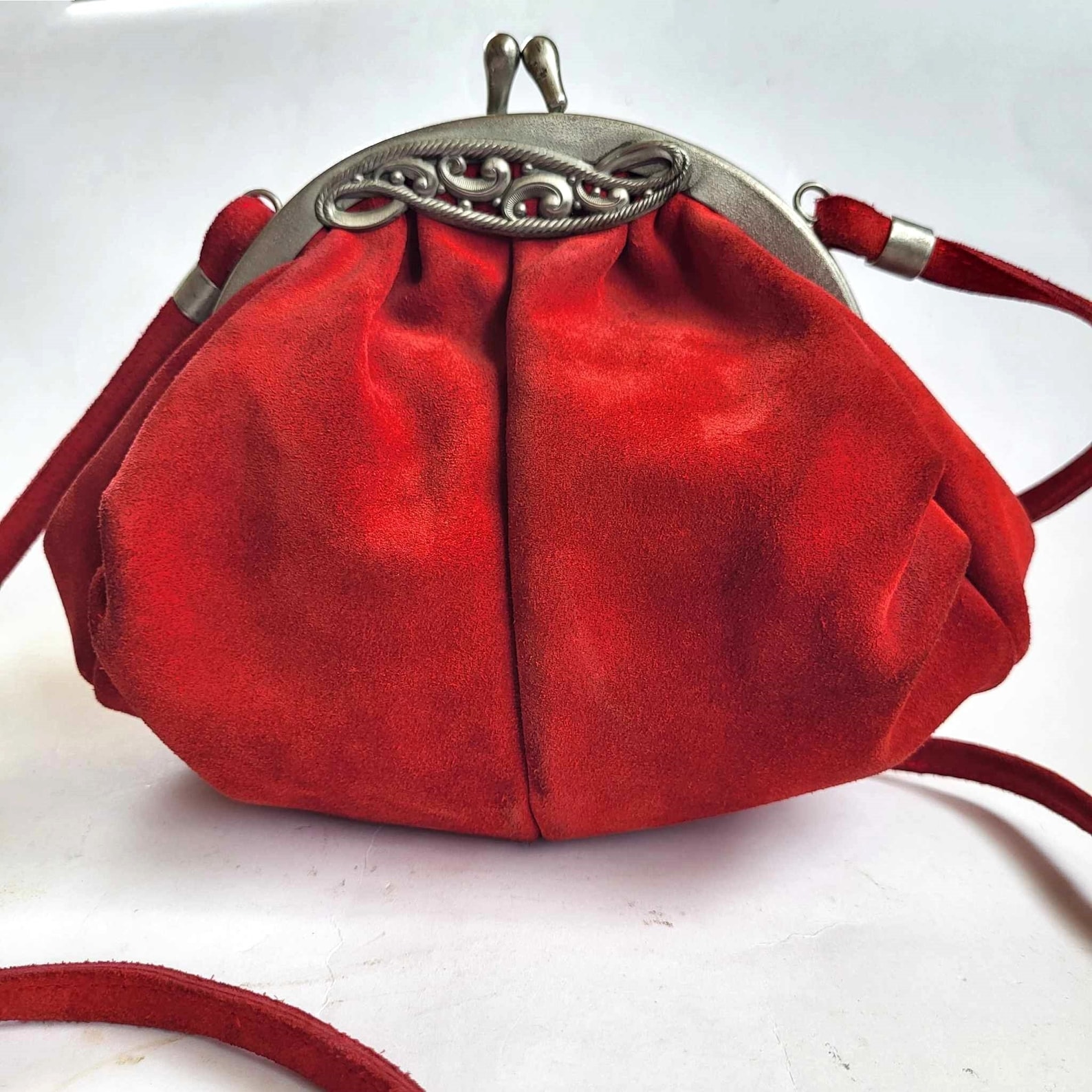 Vintage Dirndl Crossbody Bag Red Suede Purse Kiss Lock German ...