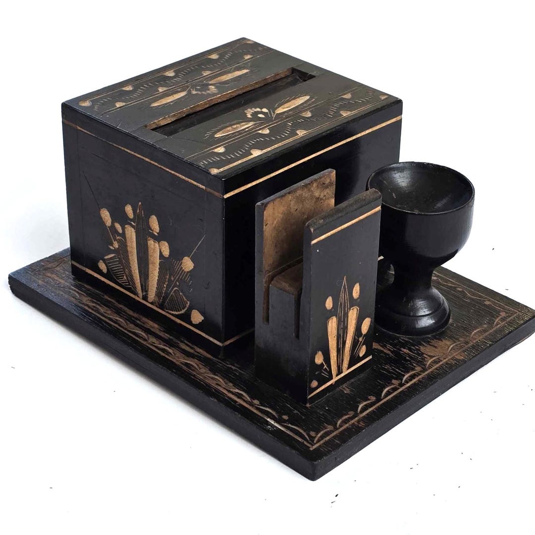 Vintage 1950s Carved Wooden Smoking Set Ashtray Match Holder Cigarette ...