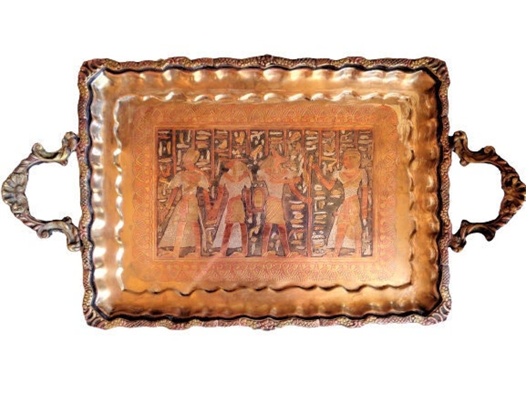 Large Egyptian Tray, Etched Brass Copper Inlay Rectangle Serving Tray ...