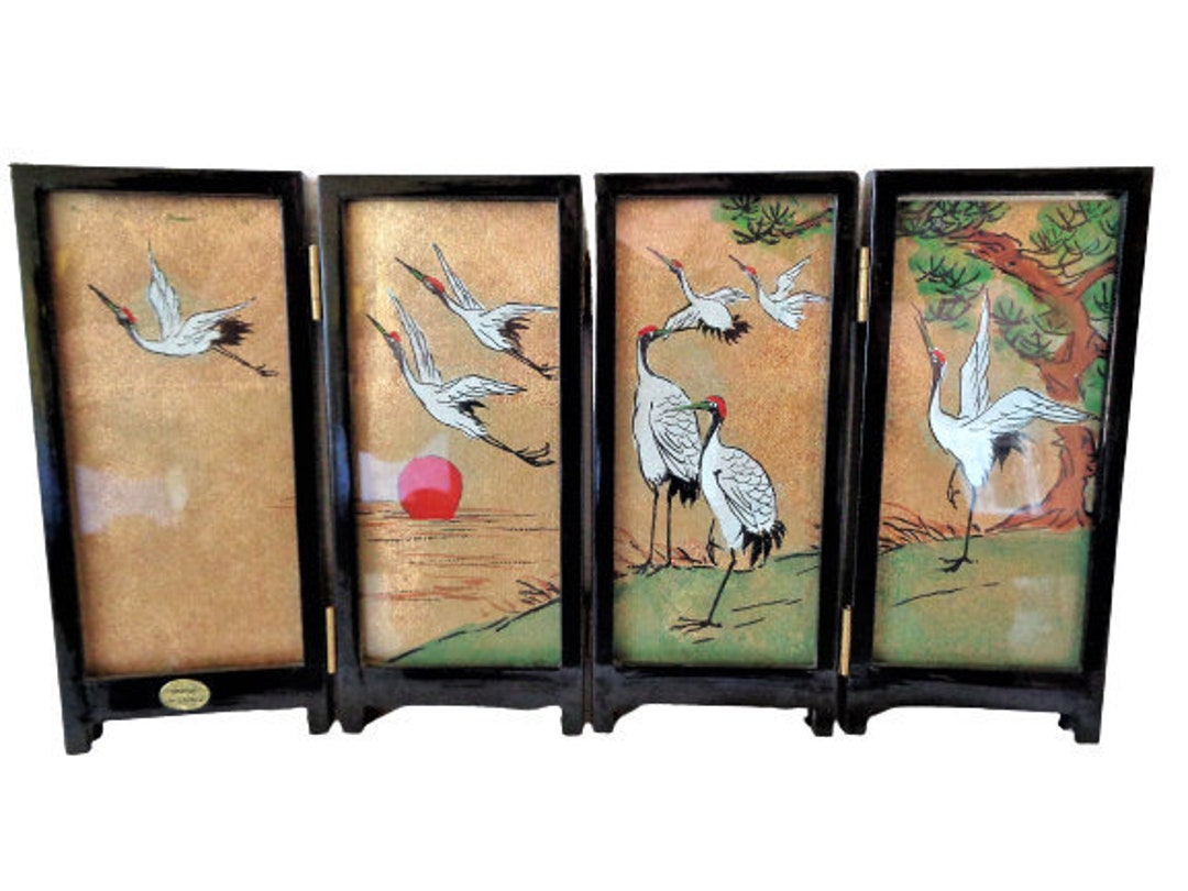Vintage Chinese Table Screen, Folding Lacquer Tabletop Screen, Double ...