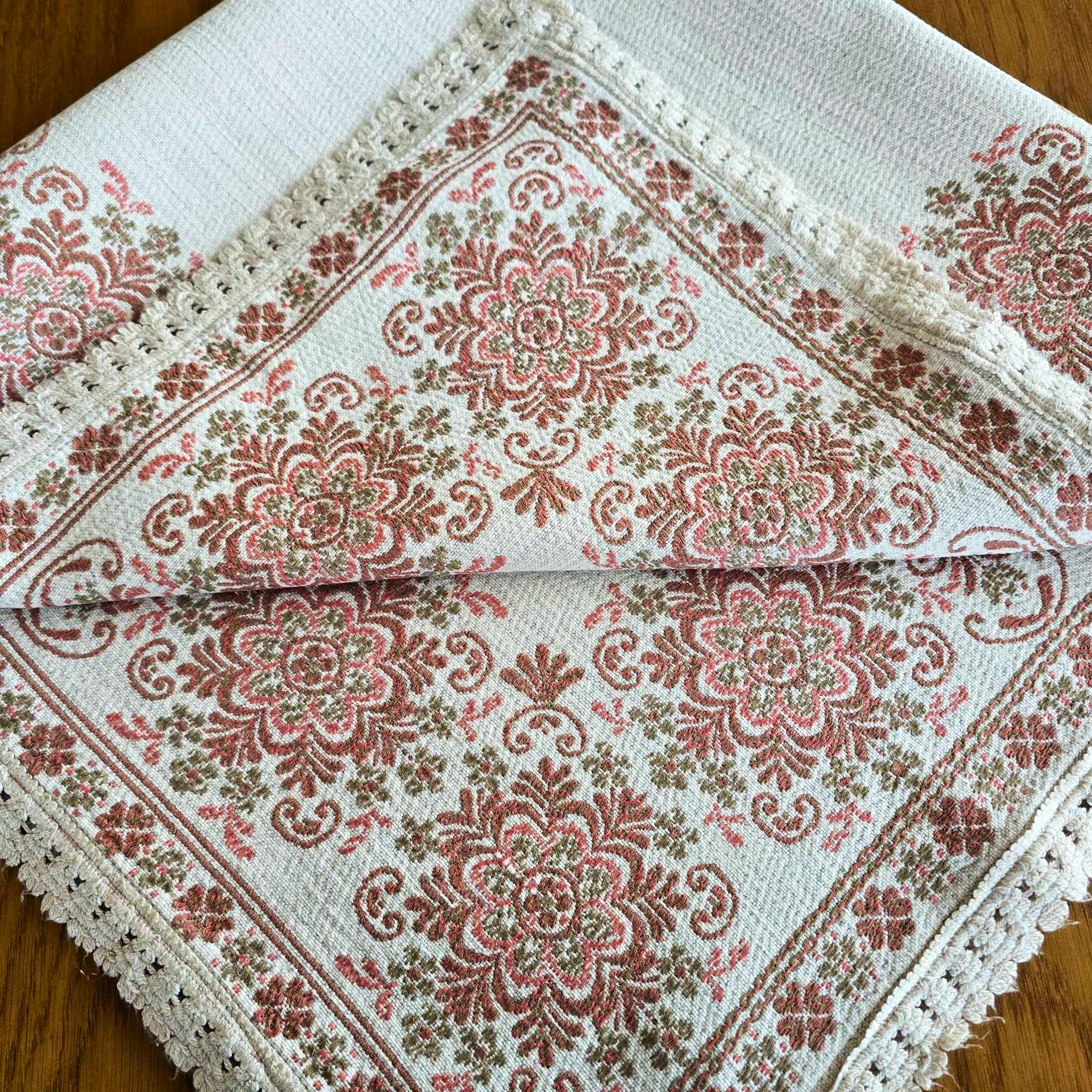 Vintage Austrian Linen Tablecloth Beige Pink Square Woven Table Cloth ...