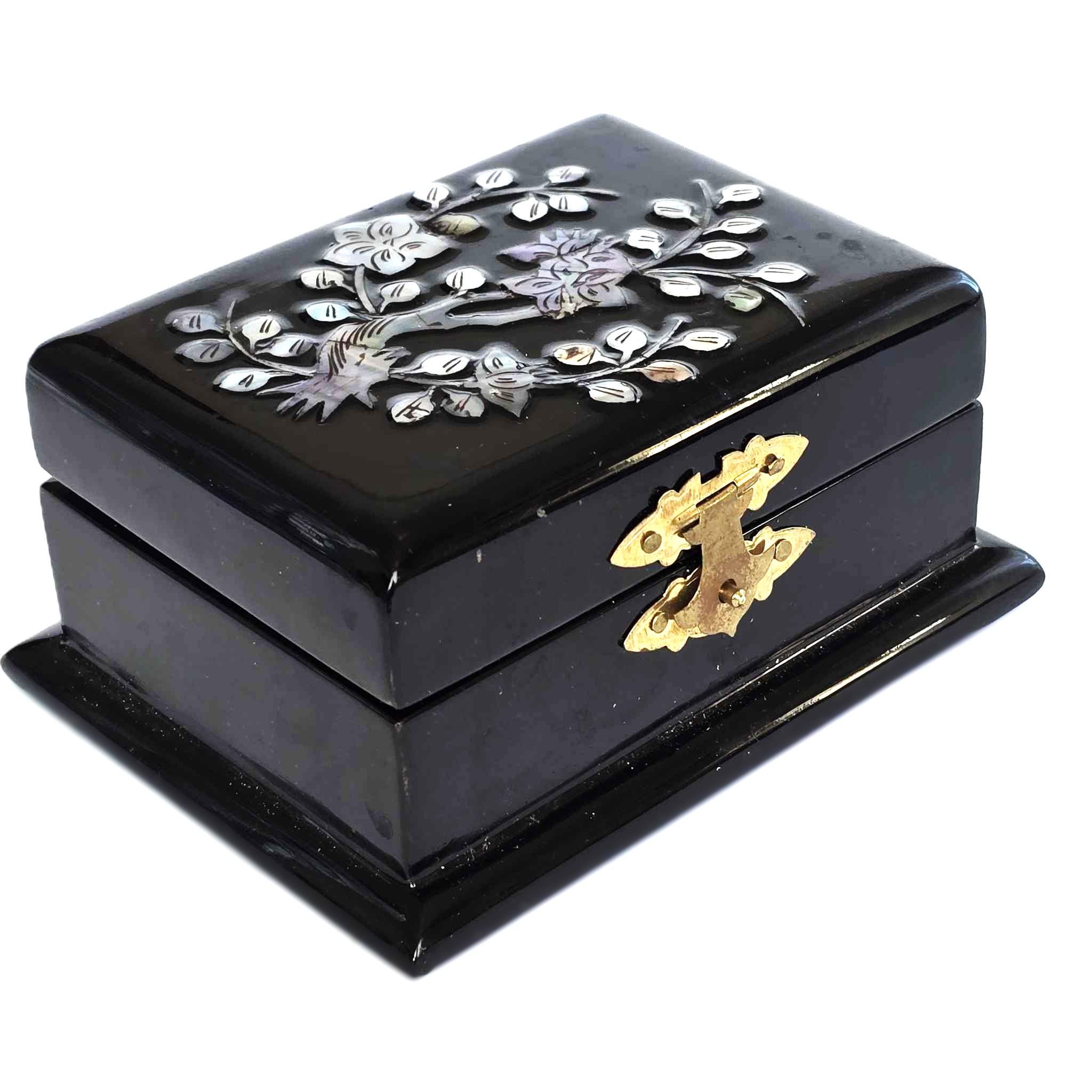 Vintage Black Lacquer Jewelry Trinket Box Mother of Pearl Shell Inlay ...