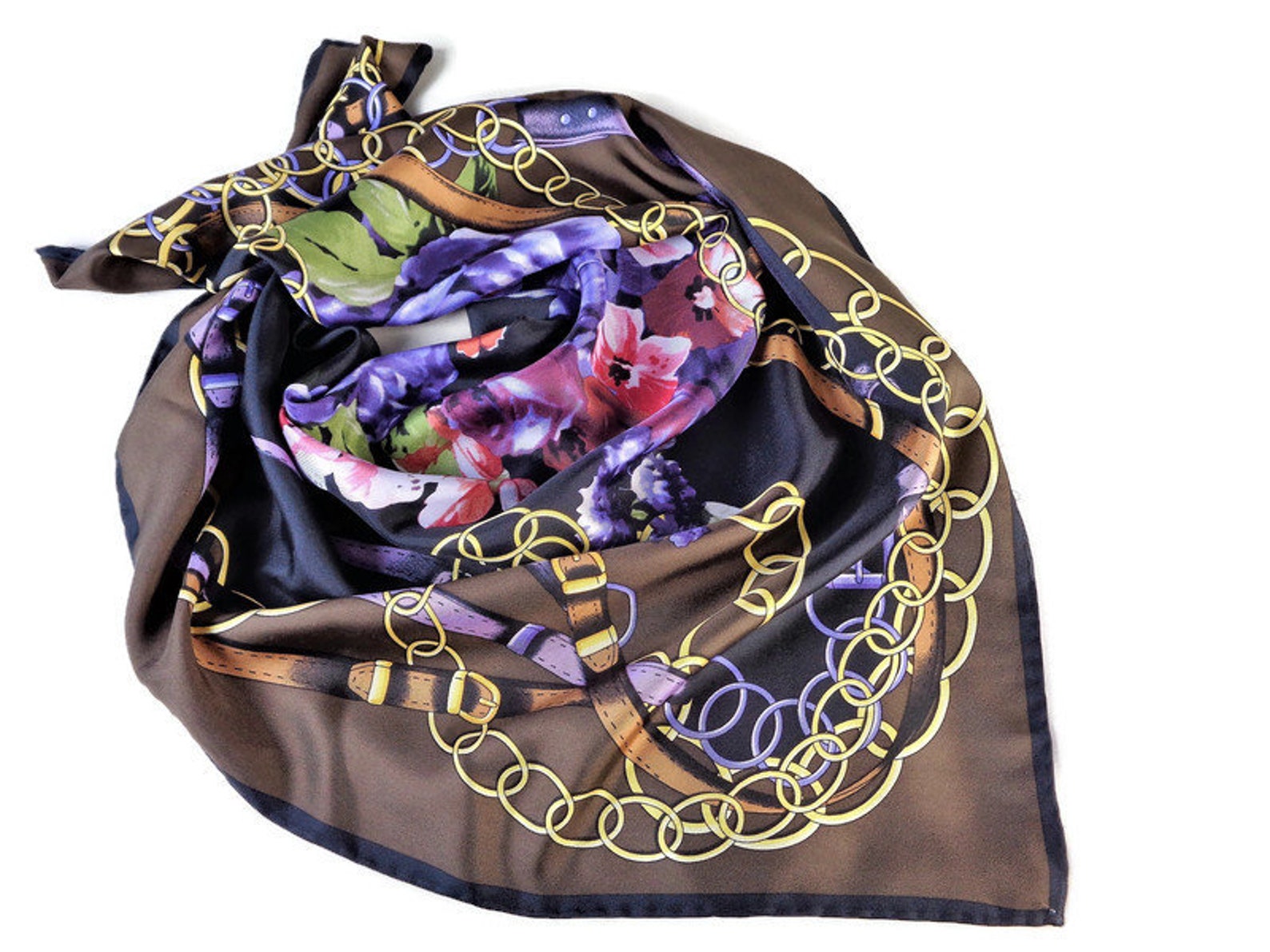Vintage Silk Scarf With Chains and Flowers, Multi Color Large Head ...