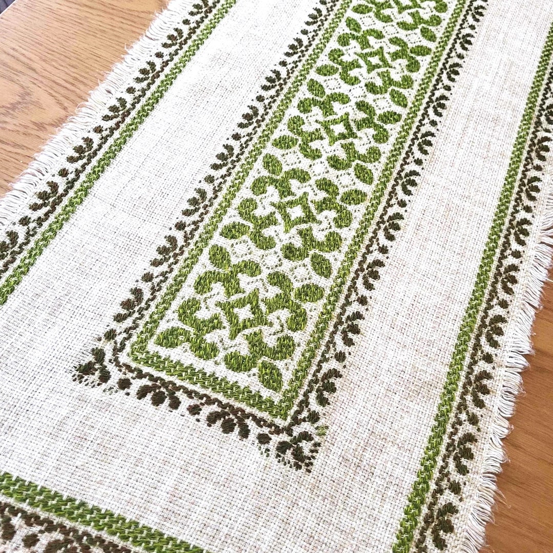 Swedish Woven Table Runner Beige Avocado Green Embroidery Bohemian ...