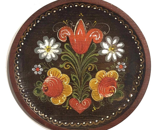 Austrian Wooden Wall Display Plate Red Yellow Floral Design on Brown ...
