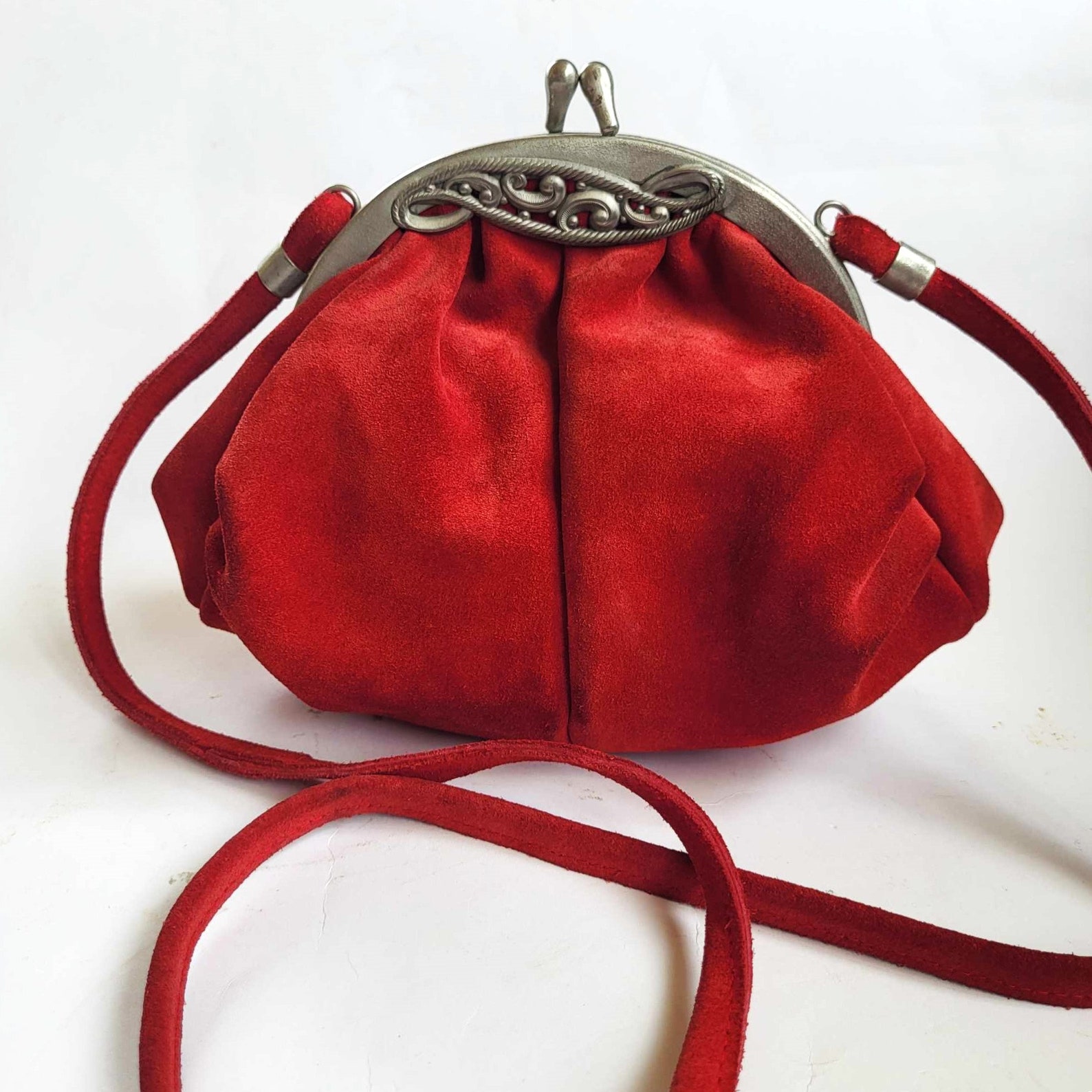 Vintage Red Suede Trachten Purse Kiss Lock Ornate Metal Frame Small ...