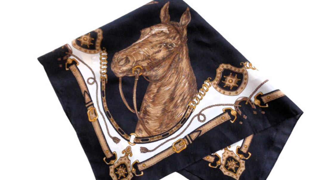 Vintage Equestrian Scarf With Horse Print, Black Brown Gold, Square ...