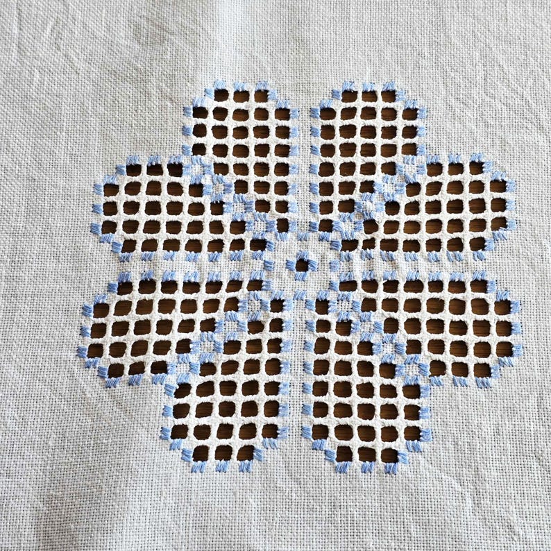 Vintage Embroidered Round Tablecloth White Linen With Blue Hand ...