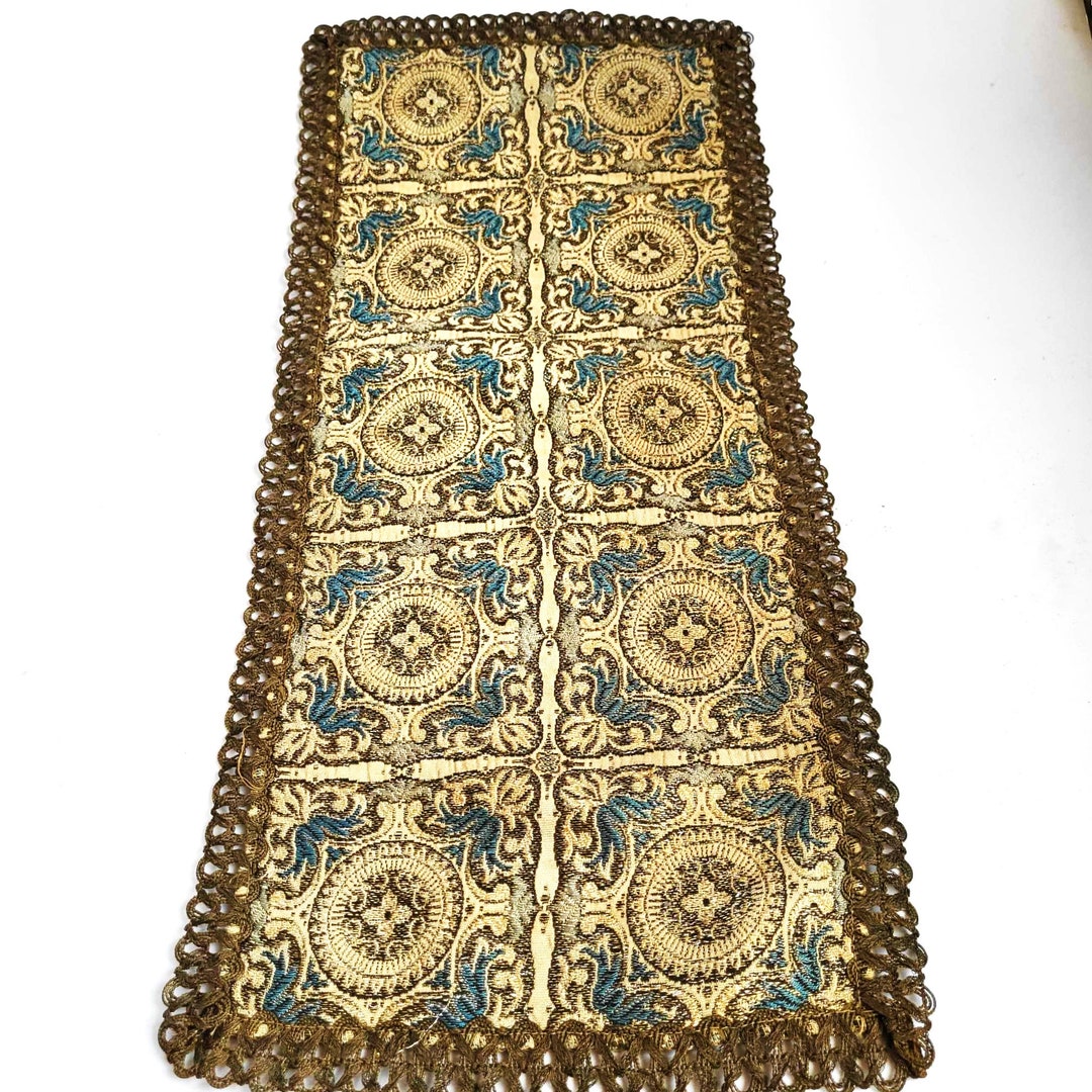 Belgian Tapestry Table Runner Brocade Jacquard Woven Gold Blue Metallic ...