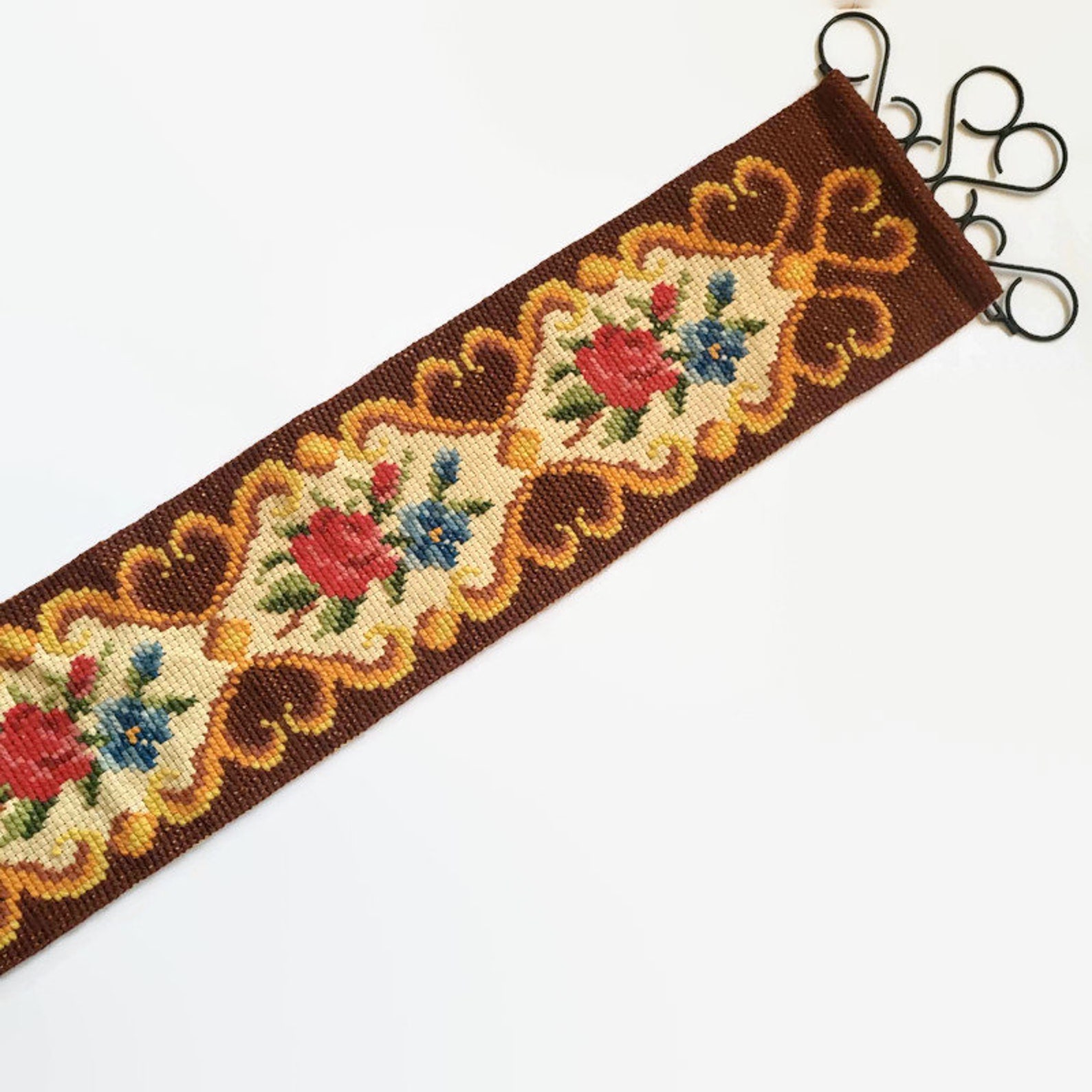 French Tapestry Bell Pull With Hangers, Vintage Needlework Flower Wall ...