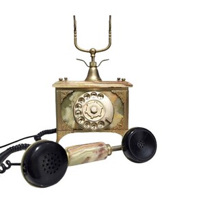 Vintage Onyx Rotary Telephone, Dial Phone Gold Plated Green Marble ...