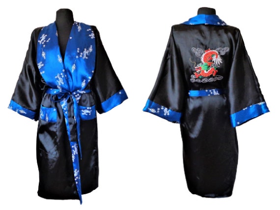 Kimono Dress with Dragon, Satin Kimono Robe, Double S… - Gem