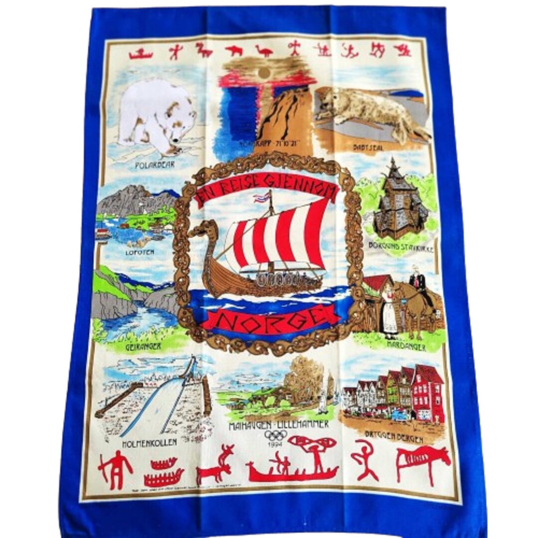 Norwegian Landmarks Tea Towel Souvenir Gift of Norway 1994 Lillehammer ...