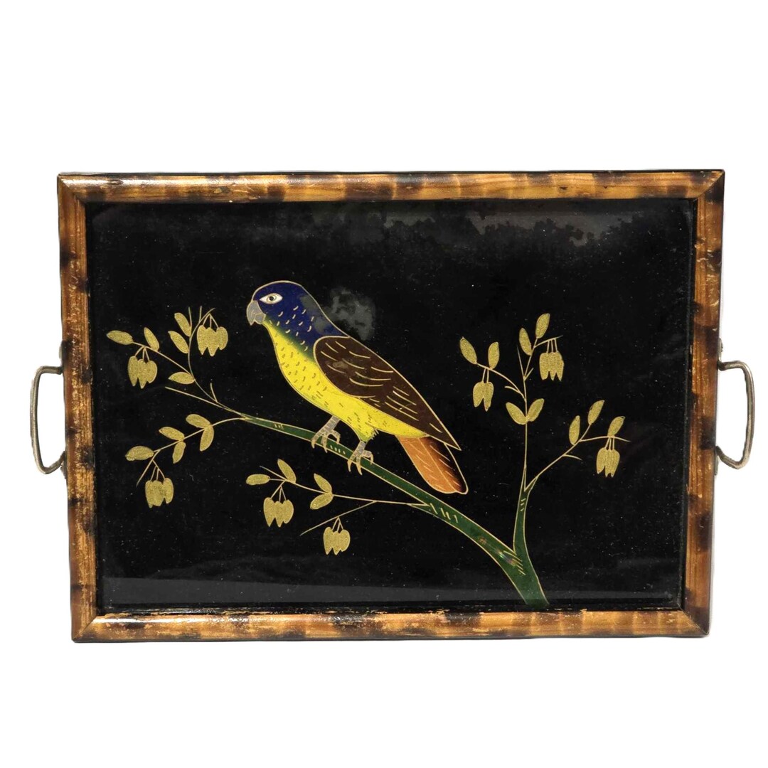 Reverse Painting Glass Wooden Tray, Parrot Painted, Antique Serving ...
