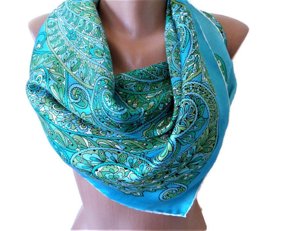 Blue Silk Scarf With Paisley Print, Baroque Head Scarf, Vintage Womens ...