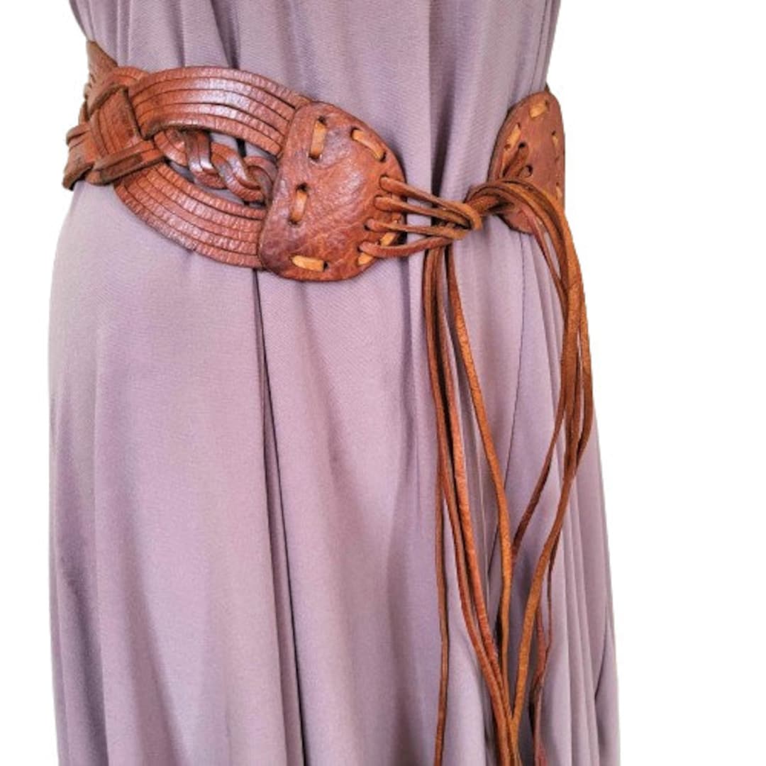 Western Fringe Belt Cognac Brown Leather Tie Waist Wide Sash Fringed ...