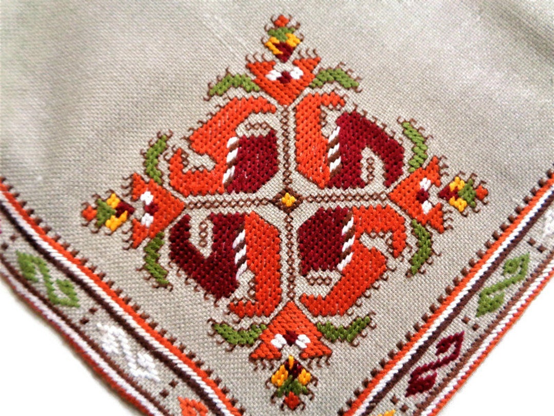 Bulgarian Linen Cross Stitch Embroidered Tablecloth, Bulgaria Folk Art ...