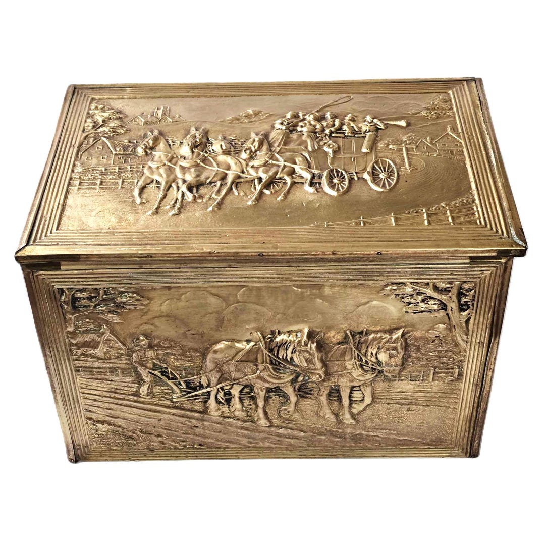 Vintage Brass Embossed Wooden Coal Box Repousse Relief With Rustic ...