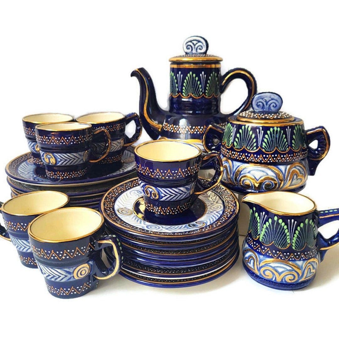 Henriot Quimper Tea Coffee Set Cobalt Blue Gold French Breton Ceramic ...
