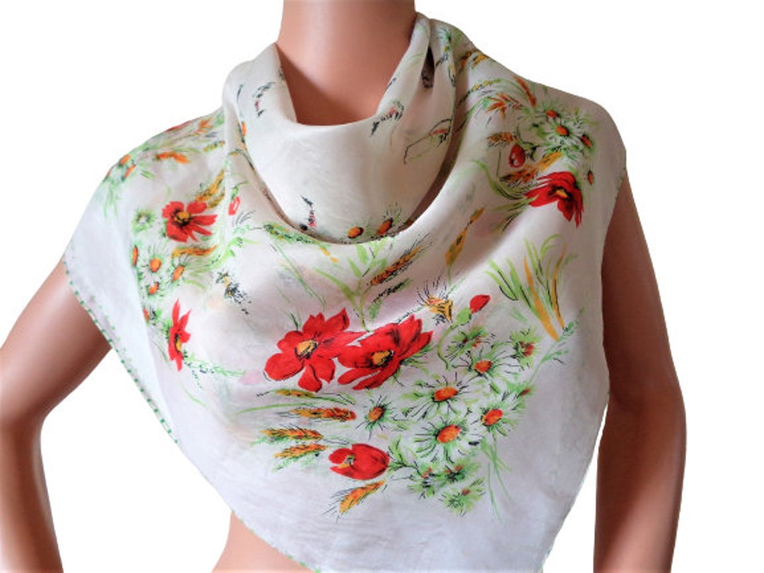 Silk Floral Scarf, White Sheer Headscarf, Printed Square Hair Scarf ...