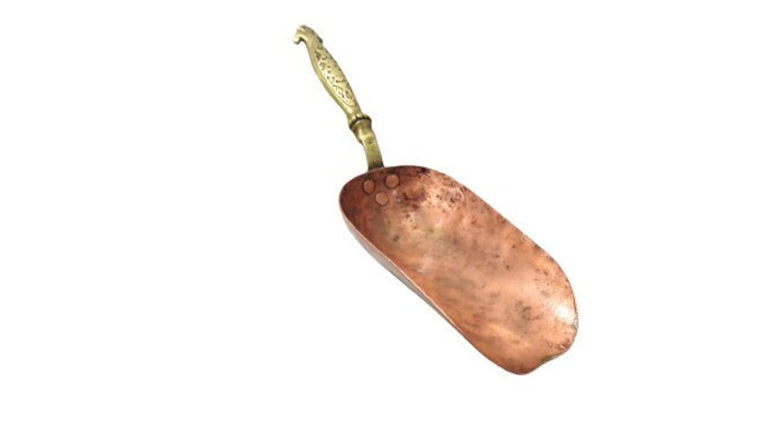Antique Copper Grain Scoop With Ornate Brass Handle, Marked A.K and ...