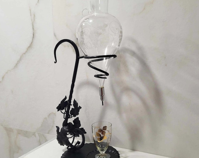 Wrought Iron Wine Dispenser Etched Glass Decanter Metal Vine Stand ...