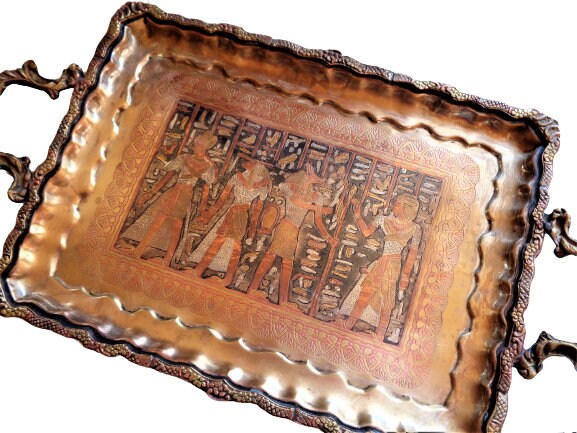 Large Egyptian Tray, Etched Brass Copper Inlay Rectangle Serving Tray ...