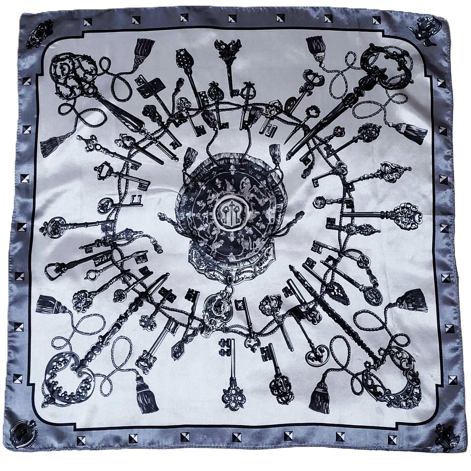 Vintage Metallic Gray Black Satin Scarf Gothic Medieval Themed Key ...