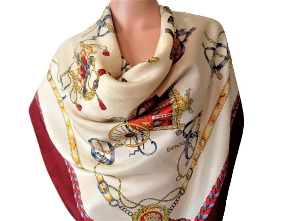 Large Silk Scarf With Equestrian Carriage Print Cream Red Head Kerchief ...