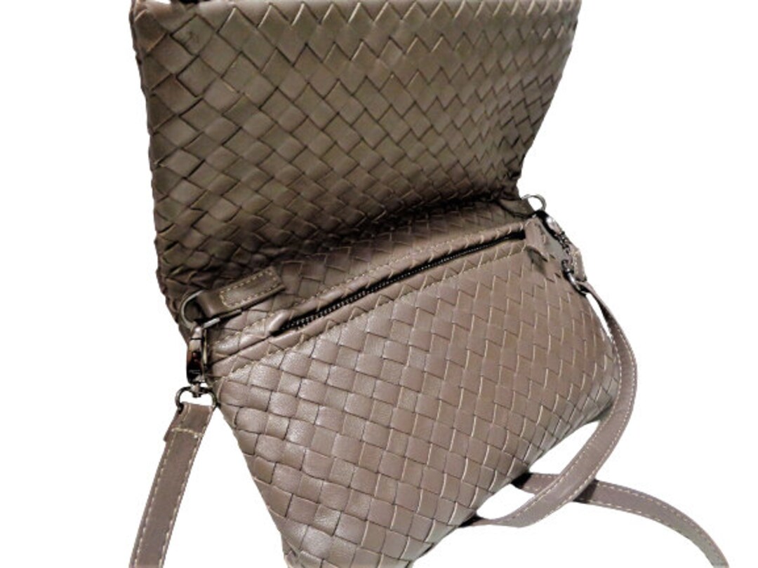 Woven Foldover Crossbody, Gray Leather Shoulder Bag, Braided Leather ...