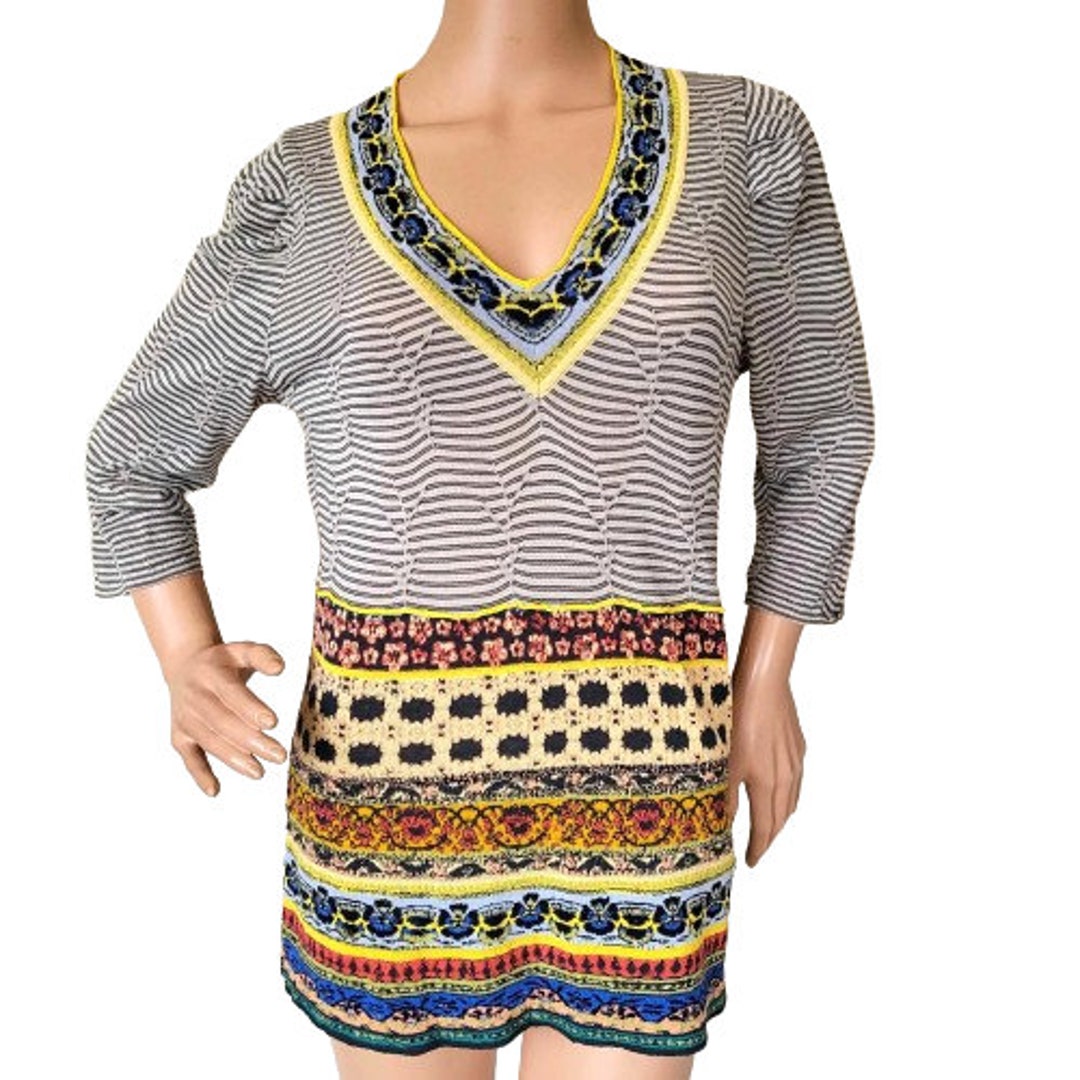 Colorful Women Tunic Top Multicolor Viscose Blend Blouse V Neck Knitted ...