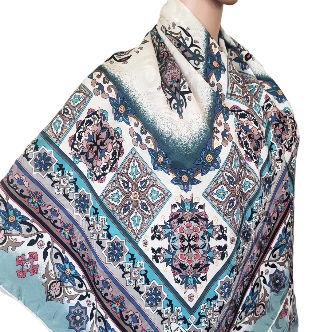 Extra Large 43'' Jacquard Silk Women Scarf Blue Multicolor Oriental ...